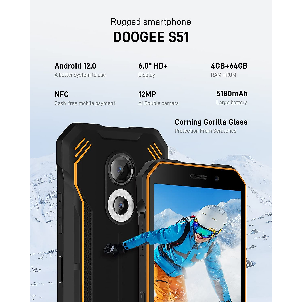 DOOGEE S51 Rugged Smartphone Unlocked Android 12, Helio G25 4GB+64GB 5180mAh Battery, Dual SIM 4G, 6.0" IPS HD, IP68 Waterproof IP69K Rugged Phone, NFC, AI Double Camera (12MP+2MP) 8MP Front Orange
