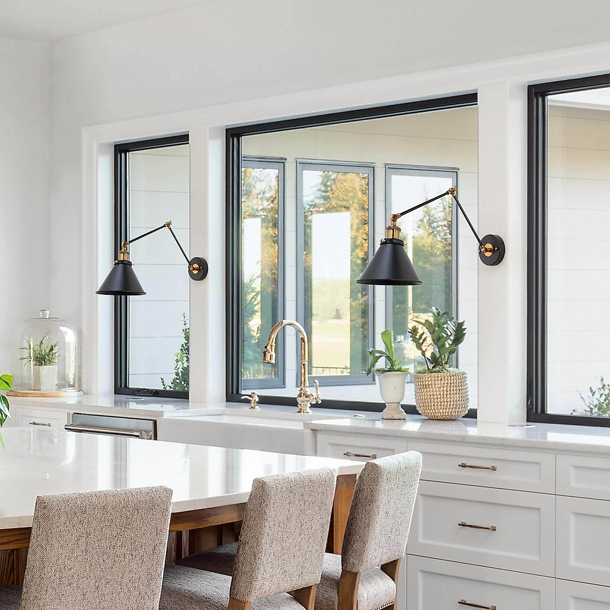 Black Wall Sconces Lighting, Modern Industrial Plug in or Hardwired Adjustable Swing Arm Wall Lamp with Antique Brass Finish for Bedroom, Living Room and Kitchen