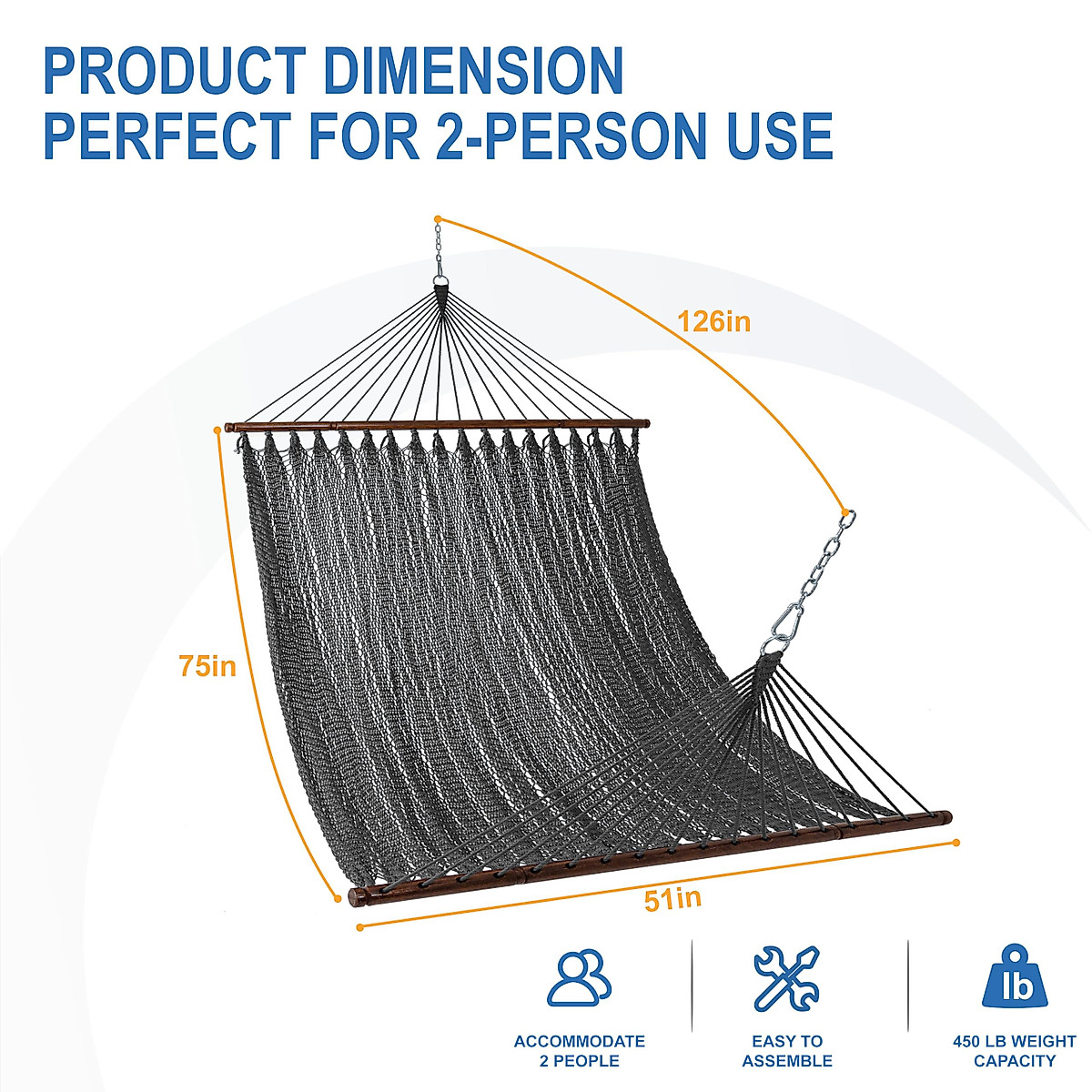 Lazy Daze Hammocks 10.5 FT Double 2 Person Caribbean Rope Hammock, Hand Woven Polyester Hammock with Spreader Bars, Extra Large Outside Outdoor Backyard Patio Poolside Hammock, 450 LBS Capacity, Gray