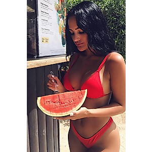 Women's High Cut Thong Bikini Low Triangle Swimsuit Padded Swimwear Adjustable Strap Sexy 2PCS Beachwear Red S