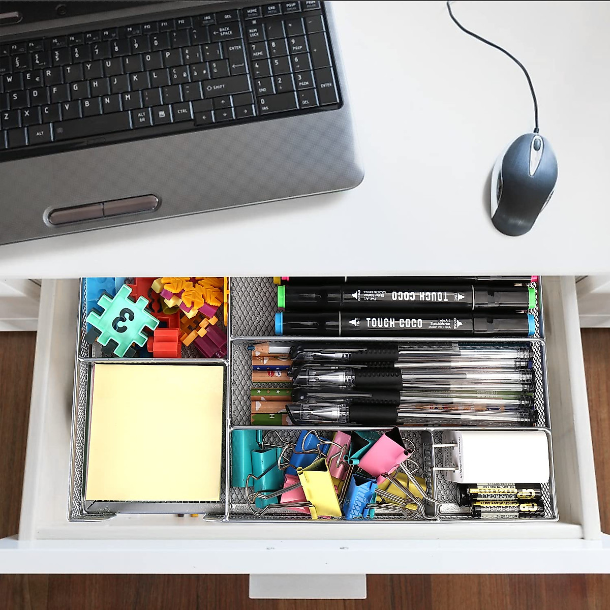 EsOfficce Drawer Organizer,Desk Organizer, Black Metal Mesh Drawer, Desk Drawer Organizer for Home Office and School,11X 6X 1.6Inch, Inch,Silver