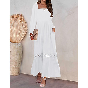 ZESICA Women's 2024 Boho Long Sleeve Square Neck Smocked High Waist Flowy A Line Lace Trim Maxi Dress White