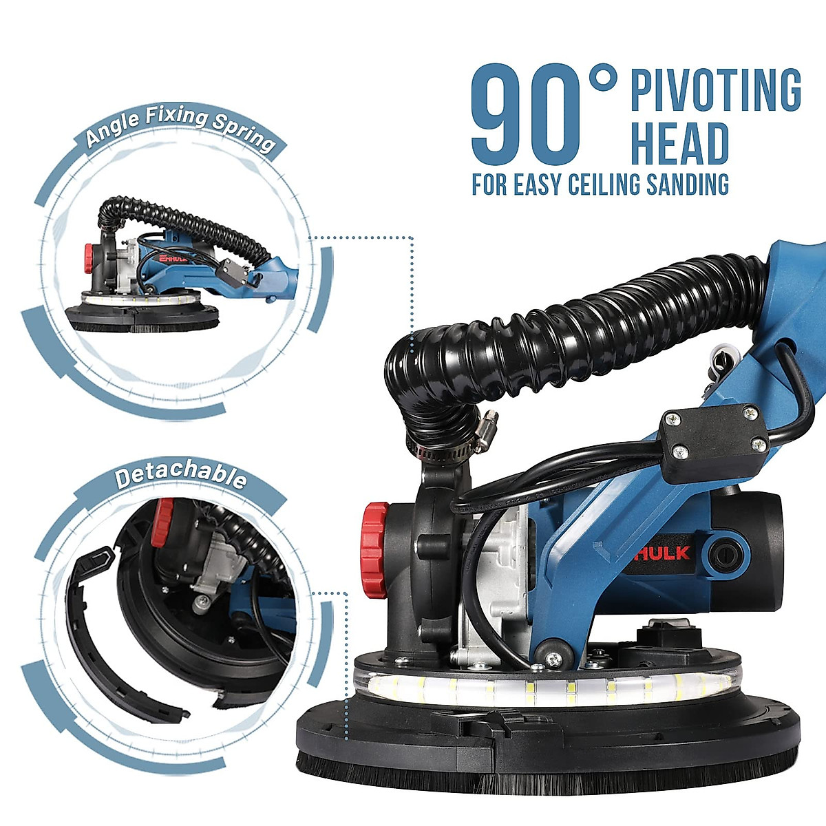 Enhulk Drywall Sander, 900W 7.2A Electric Drywall Sander with Vacuum Auto Dust Collection, 6 Variable Speed 800-1800RPM, Double-Deck LED Lights, Extendable & Foldable Handle, 12 Sanding Discs