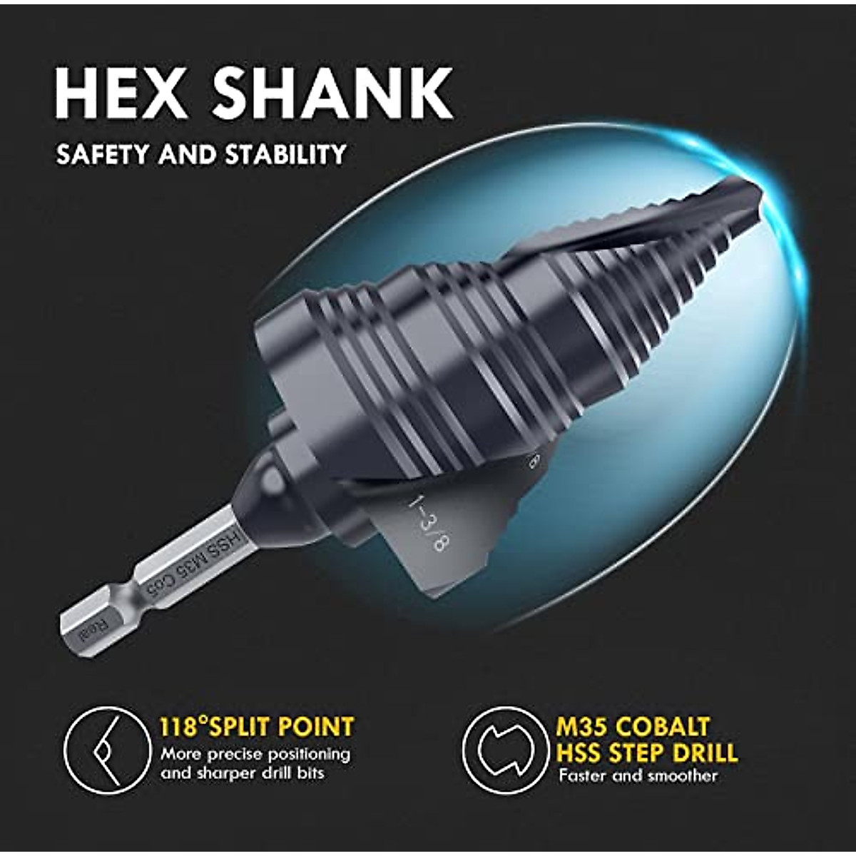 MACXCOIP UPGRADE M35 Cobalt Step Drill Bit with Ultra TiAIN Coating, 1/4" - 1-3/8" Unibit Step Bit with Double Sprial Flute, 1/4" Hex Shank Drill Bit for Metal, Stainless Steel, Aluminum, Copper, Wood