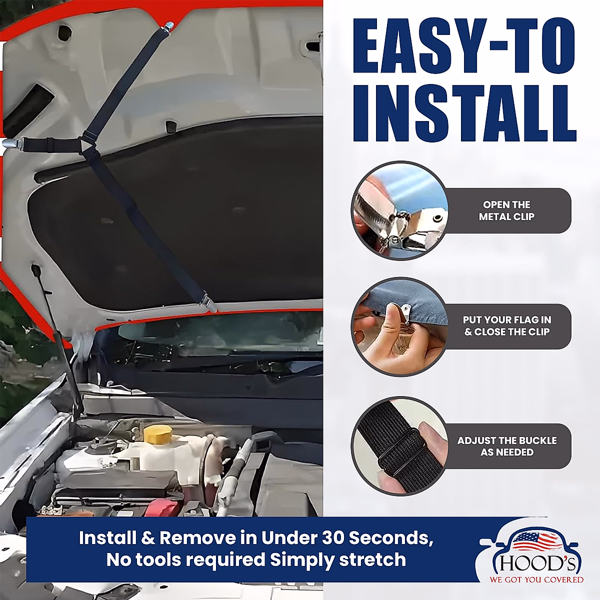 Hood's Flags] American Flag Car Hood Cover 63"x47" (120x160cm) - Universal Fit for Trucks, Car, SUV, or Van. Polyester Spandex Material, Weather-Resistant with Secure Fasteners