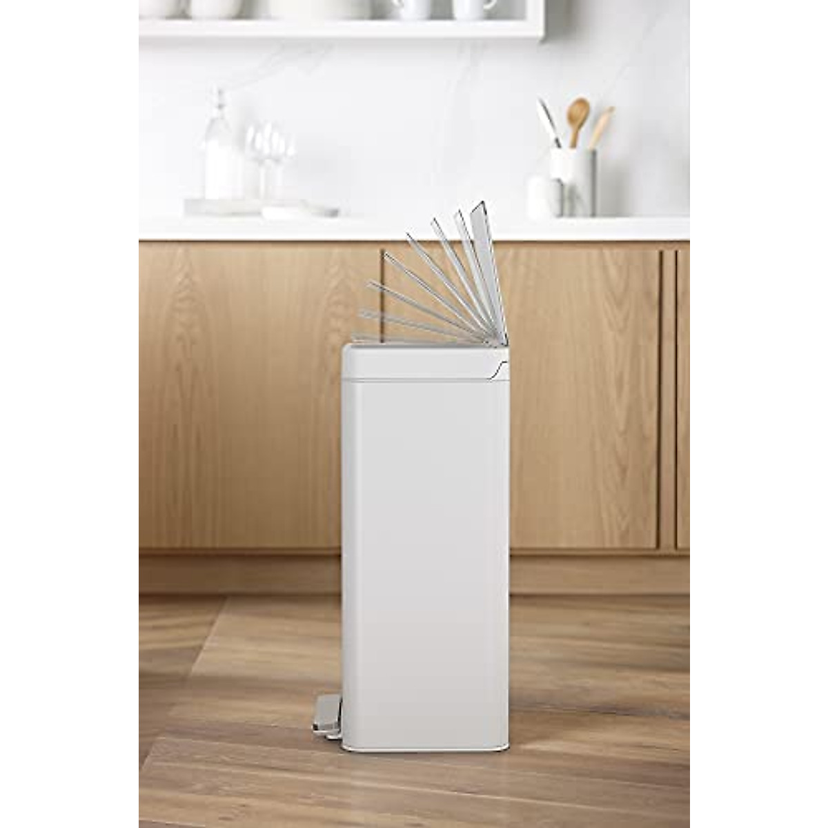 KOHLER K-20940-STW Kitchen Trash Can, 13 Gallon Step Trash Can with Quiet-Close Lid and Hand Free Foot Pedal in White Stainless Steel