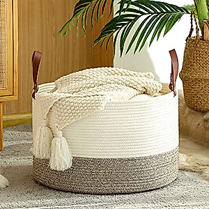KAKAMAY Large Cotton Rope Blanket Basket (20"x13"),Woven Baby Laundry Hamper，Blanket Basket for Nursery, Laundry, Living Room, Pillows, Toys with Handles （White/Beige/Grey）