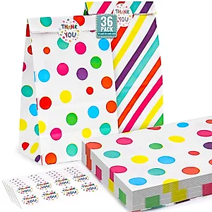 HONEYGIFTS 36PCS Party Favor Bags, Goodie Bags with Sealing Stickers, 4.7" x 3.1" x 8.7" Colorful Treat Bags Rainbow Stripe and Dots Candy Bags