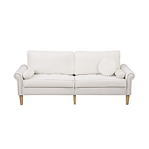 HUAYICUN 3 Seater Sofa, Velvet Sofa with 3 Pillows, Mid Century Modern Comfy Sofa Couch, Soft Couches for Living Room, Bedroom (Beige)