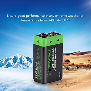 Enegitech 9V Lithium Battery, 9 Volt Lithium Battery 1200mAh for Smoke Detector, Fire Alarm, Keyless Entry Door Lock, Multimeter, Metal Detector Non-Rechargeable 4 Pack