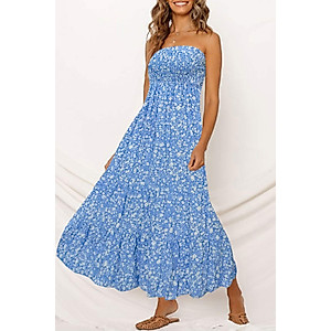 ZESICA Women's Summer Bohemian Floral Printed Strapless Beach Party Long Maxi Dress,Blue,Large