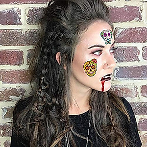 Day of the Dead Sugar Skull Tattoos(100Counts),Konsait Halloween Temporary Face Tattoos Sugar Skull Puppy Black Skeleton Web Red Roses Tattoo for kids Boys Girls Mexican Halloween Party Favor Supplies