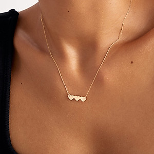 14k Real Gold Three Hearts Necklace for Women | Heart Disc Necklace in 14k Gold | 3-Hearts Pendant Necklace | Delicate Love Jewelry | Gifts for Anniversary, 18"