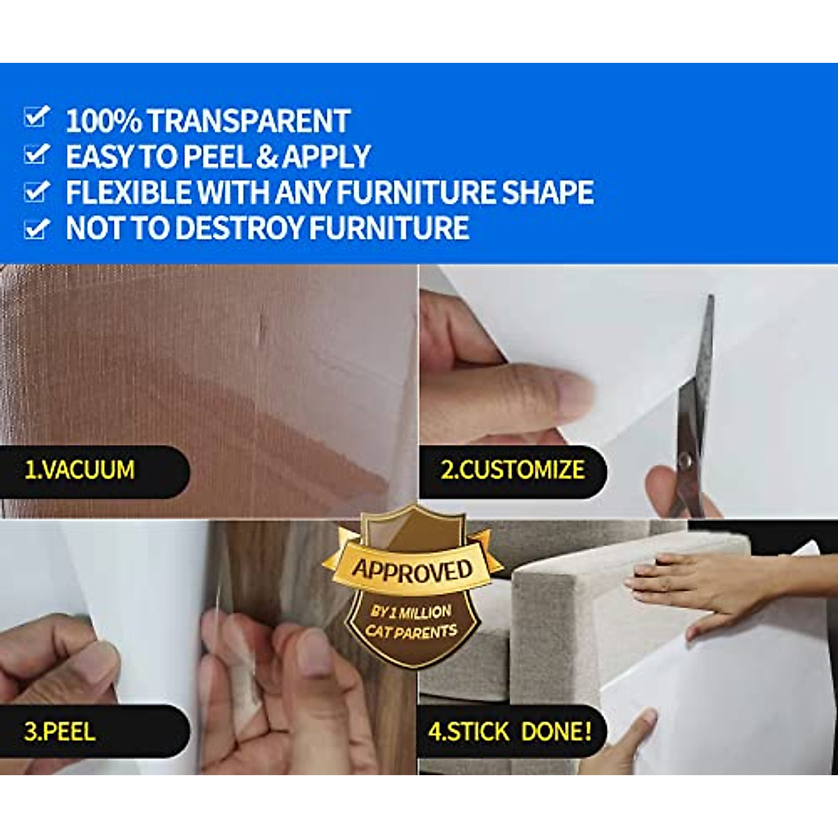 Anti Scratch Furniture Protectors from Cats - 10 Pack Cat Scratch Deterrent Tape Self Adhesive, Clear Plastic Cat Couch Protector for Sofa, Door (6 pcs 17" L 12" W + 4 pcs 17" L 6" W + 50 Pins)…