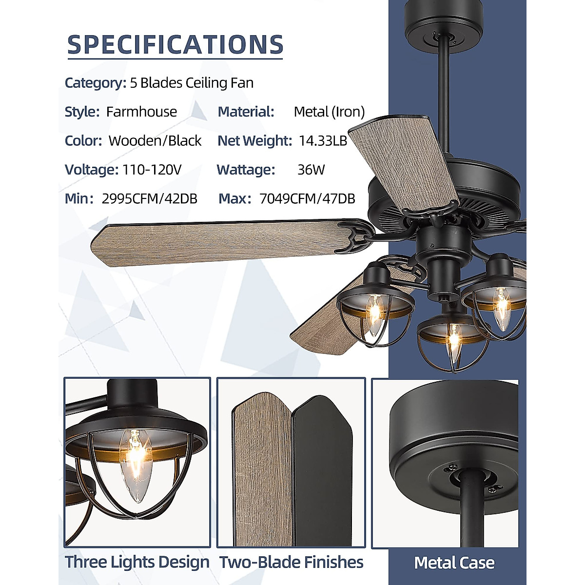 YOUKAIN Farmhouse Wooden Ceiling Fans, 52 Inch Industrial Ceiling Fan with 3 Lights and Remote Control, 5-Reversible Blades Indoor/Outdoor, Matte Black/Barnwood Finish, 52-YJ631