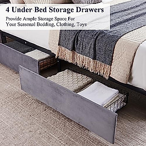 Queen Size Upholstered Platform Bed Frame Platform with 4 Storage Drawers, Adjustable Velvet Rivets Headboard, Wooden Slats Support, No Box Spring Needed, Easy Assembly