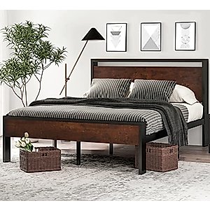 SHA CERLIN 14 Inch Full Size Metal Platform Bed Frame with Wooden Headboard and Footboard, Mattress Foundation, No Box Spring Needed, Large Under Bed Storage, Without Noise, Mahogany