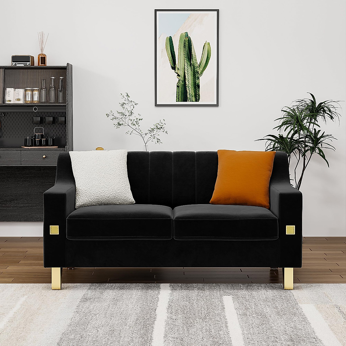 HenleneCoco 2 PCS Black Velvet Sofa Sets with 5 Pillows for Living Room Furniture, Modern Mid Century Tufted Classic Couches Set (1 PC Loveseat & 1 PC 3 Seater Couch)