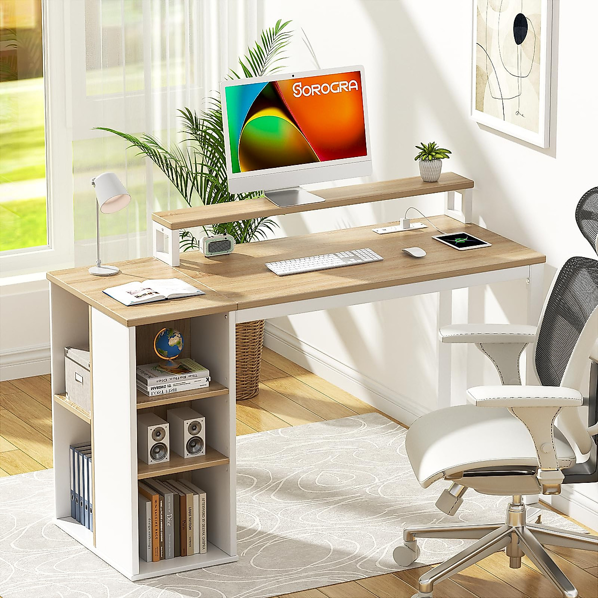 SOROGRA Small Computer Desk with Storage Shelves 39.4 inch Home Office Desk with LED Lights and Power Outlets, Writing Desk with Monitor Stand for Bedroom, Small Space, Oak