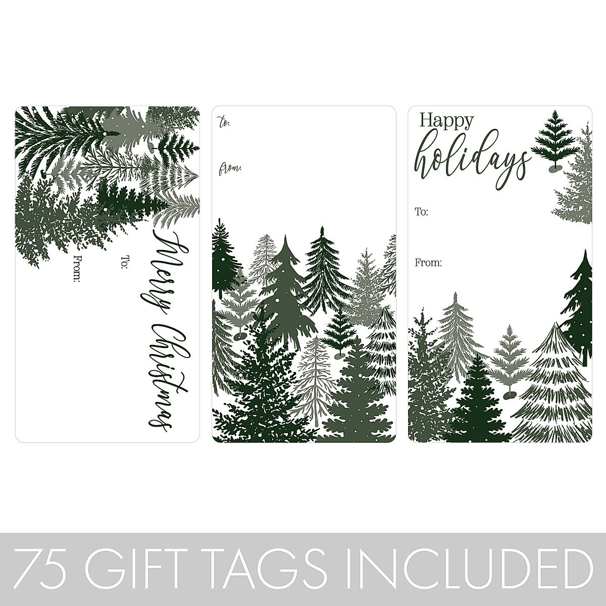 DISTINCTIVS Evergreen Tree Christmas Gift Tags, Self-Adhesive Stickers – 75 Labels, Woodland Forest Greenery Holiday Gift Wrap Tags