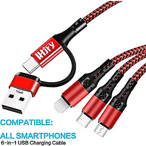 LHJRY 6 in 1 Multi Charging Cable 3Pack 4ft Multiple Charge Cord USB A/C to Phone USB C Micro USB Connector Charging Cord Compatible with Cell Phones Tablets and More - (Red,Black,Blue)