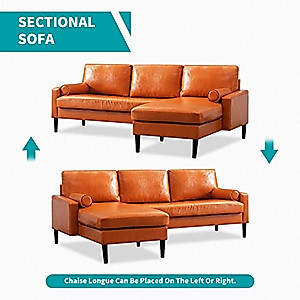 BALUS Faux Leather Sofa Couch | L Shaped Mid-Century Couch with Bolster Pillows | Chaise Lounge Indoor | Cognac Tan Sectional Furniture for Living Room Apartment