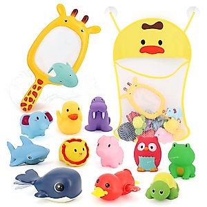 KIMSTONE 13 Pieces Baby Bath Toys with 1 pcs Bath Toy Storage & Organizer Bag for Tub Fishing Game and Pool Toys for Toddlers 1-3