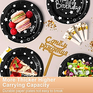 CENLBJ Happy Birthday Party Paper Plates,Black Birthday Dessert Plates,7inch-50pcs,Foil Polka Dots Paper Plates for Birthday Party Decorations
