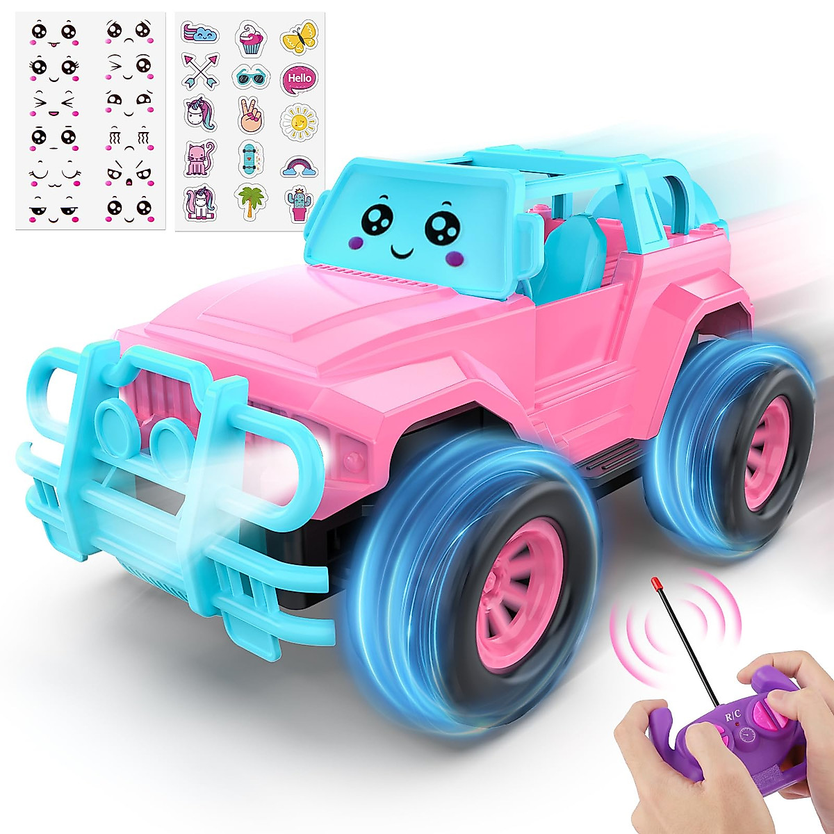 Remote Control Car for Kids Toddlers, Pink RC Cars with 2 Sets DIY Stickers, 1:20 Scale Remote Control Truck with LED Headlights, Easter Gifts for 3 4 5 6 7 8 Years Old Toddlers Girls Boys Kids