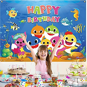 RitzyBiz Baby Shark Backdrop for Birthday Party Supplies (7x5 feet) Blue Cartoon Whale Ocean Photo Background for Baby Shower Decoration Boys Girls Photography Backdrop (Blue)