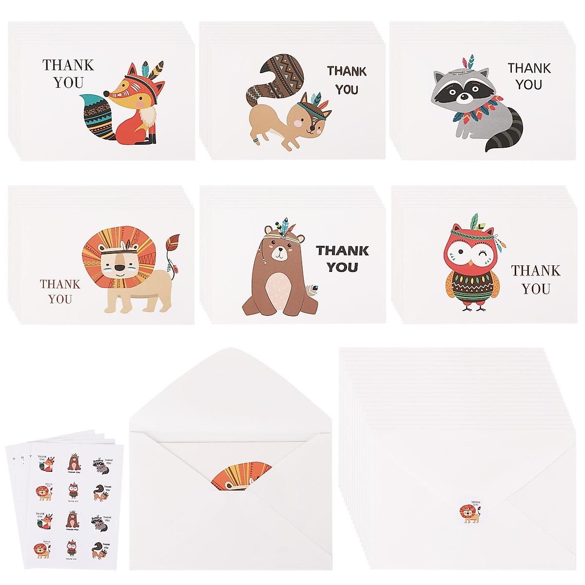 Tbestmax 48 Funny Thank You Cards with Envelopes & Stickers 4x6 Inch Animals Greeting Cards Bulk Blank Thank You Notes for Baby Shower Birthday Wedding Thanksgiving Party