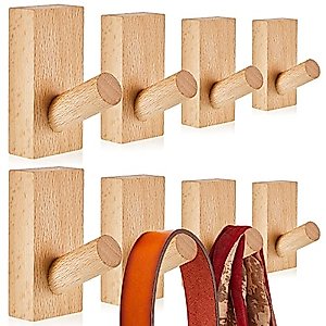 8 Pieces Wood Wall Hooks Hat Rack Decorative Wooden Coat Hooks Wall Mounted Heavy Duty Beech Coat Hangers for Wall Single Adhesive Backpack Hanger for Bathroom Hanging Hat Towel Key, Rectangle, 30lbs