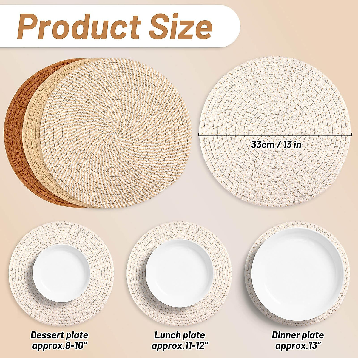 Billbotk Round Woven Placemats Set of 4, 13 Inches Kitchen Table Place Mats for Dining Table, Trivets for Hot Pots and Pans, Boho Table Setting Decor, Fall Decorations for Home