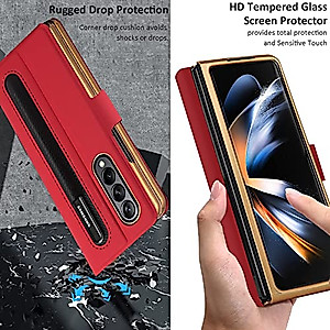 NINKI Compatible Magnetic Leather Case for Samsung Galaxy Z Fold 4 Case with Screen Protector and Stand 2022 Luxury Business Protective Samsung Z Fold 4 5G Phone Case with S Pen Holder Women- Red