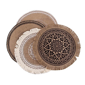 2 Pcs Round Jute Woven Placemat, Farmhouse Non-Slip Table Mats with Tassel for Kitchen Dining Table Decor Photo Props, 14.5 Inch