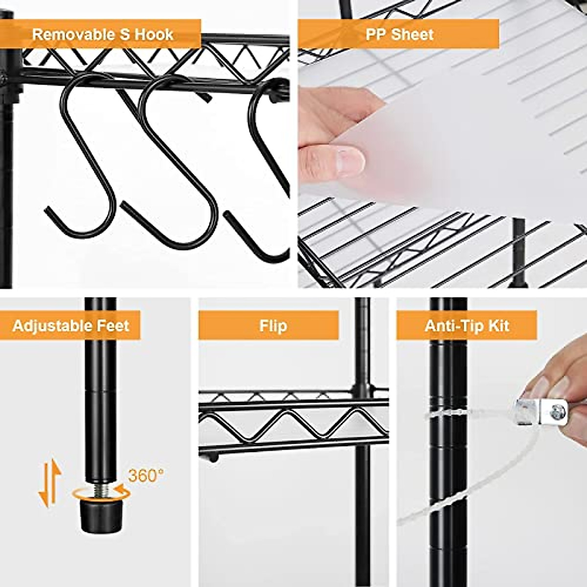 Guangfoshun 5-Tier Wire Shelving, 11.8x15.7x63in, Black - Heavy Duty Shelf - Kitchen Storage Shelves