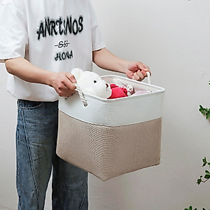 MidmmVick 13 x 13 Inch Cube Storage Bins, 4 Pack Large Collapsible Fabric Storage Bin with Ropes, Foldable Storage Cubes for Home, Office,Closet, Clothes, Toys Organizer (White & Beige)