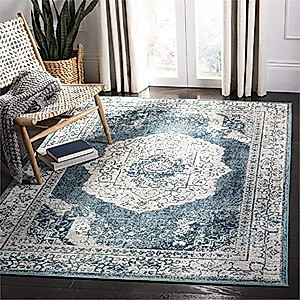 SAFAVIEH Crystal Collection Area Rug - 8' x 10', Beige & Dark Teal, Boho Chic Medallion Distressed Design, Non-Shedding & Easy Care, Ideal for High Traffic Areas in Living Room, Bedroom (CRS519B)
