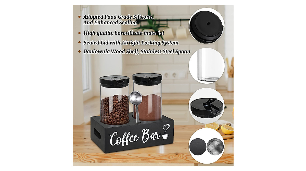 Airtight Glass Coffee Containers & Station Organizer w/ Shelf