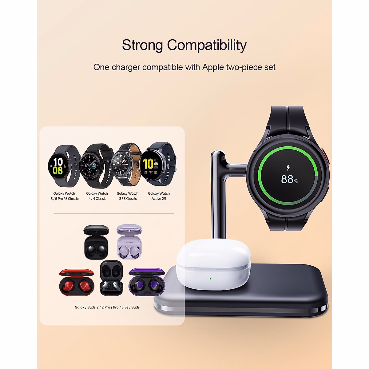 MAKAQI 2 in 1 Charger Stand for Samsung Watch and Earbuds, Foldable Charging Dock Compatible With Galaxy Watch 7/6 Classic/5/5 Pro/5 Classic/4/3/Active 2/1 & Galaxy Buds 2/2Pro/Live