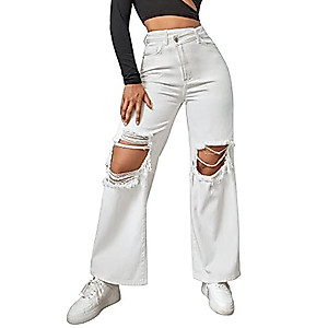SweatyRocks Women's Straight Wide Leg High Waisted Jeans Ripped Distressed Cut Out Denim Pants White M
