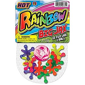 JA-RU Hot Rainbow Big Jax Retro Jaxs. 1 Large Hi Bounce Ball and 10 Large Colorful Rubber Jacks. Party Favors Game Toy for Kids and Adults Boys and Girls Toys. 731-1B