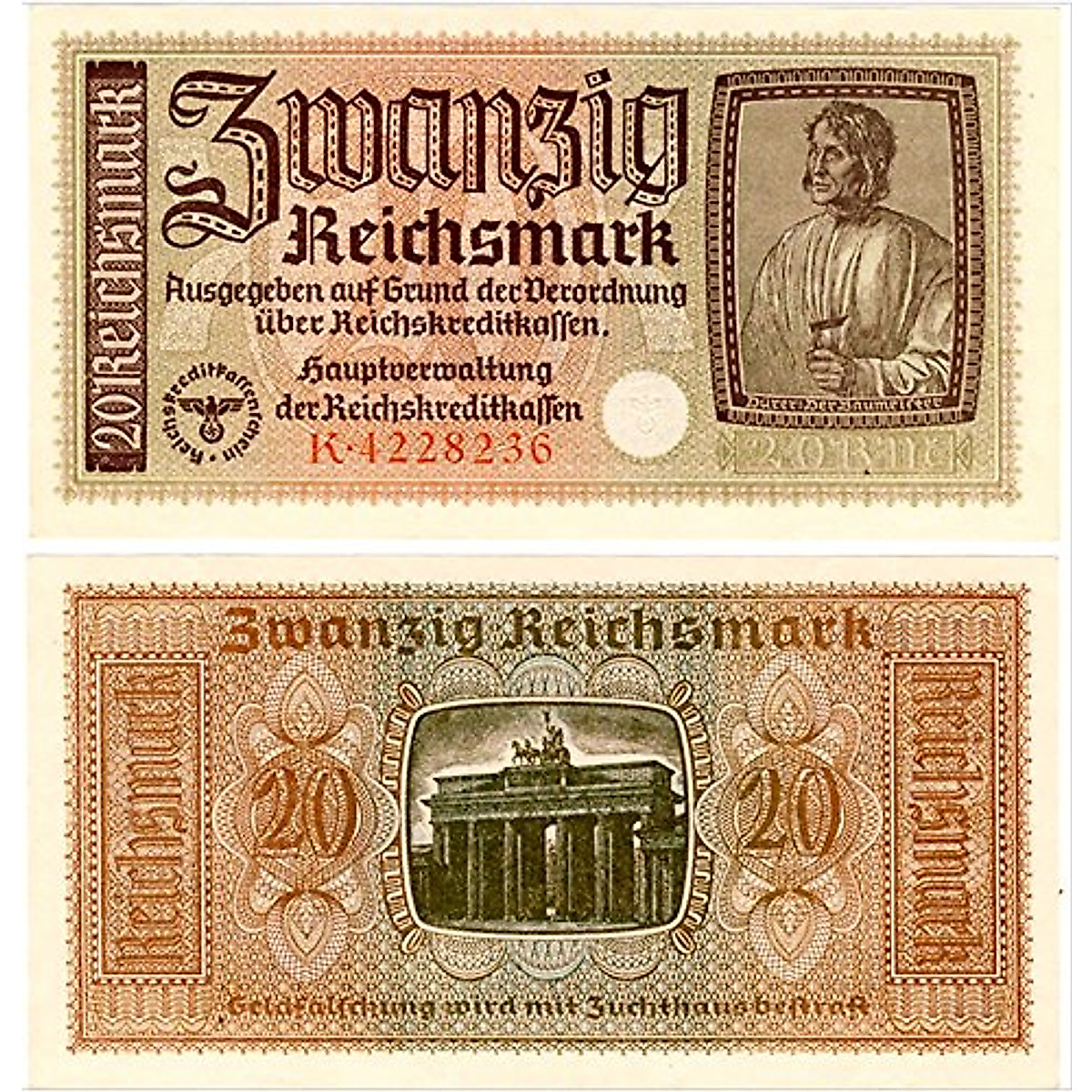 1941 THE SUPREME WW2 NAZI BANKNOTE! THE MASTER BUILDER, BRANDENBURG GATE, 2 SWATIKAS! RARE SO CRISP!E 29 RIECHSMARKS Seller Gem Crisp AU-CU
