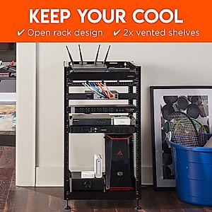 ECHOGEAR 20U Open Frame Rack for Servers & AV Gear - Wall Mountable Design Includes 2X Vented Shelves, 25x Rack Mounting Screws, 4X Leveling Feet, 4X Shelf Stops, & 2X Securement Straps