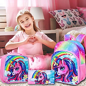TXHVO 3PCS Unicorn Backpack, 16" Rainbow Sequin Bookbag for Girls, Elementary Preschool Preschool School Backpacks with Lunch Box - Pink