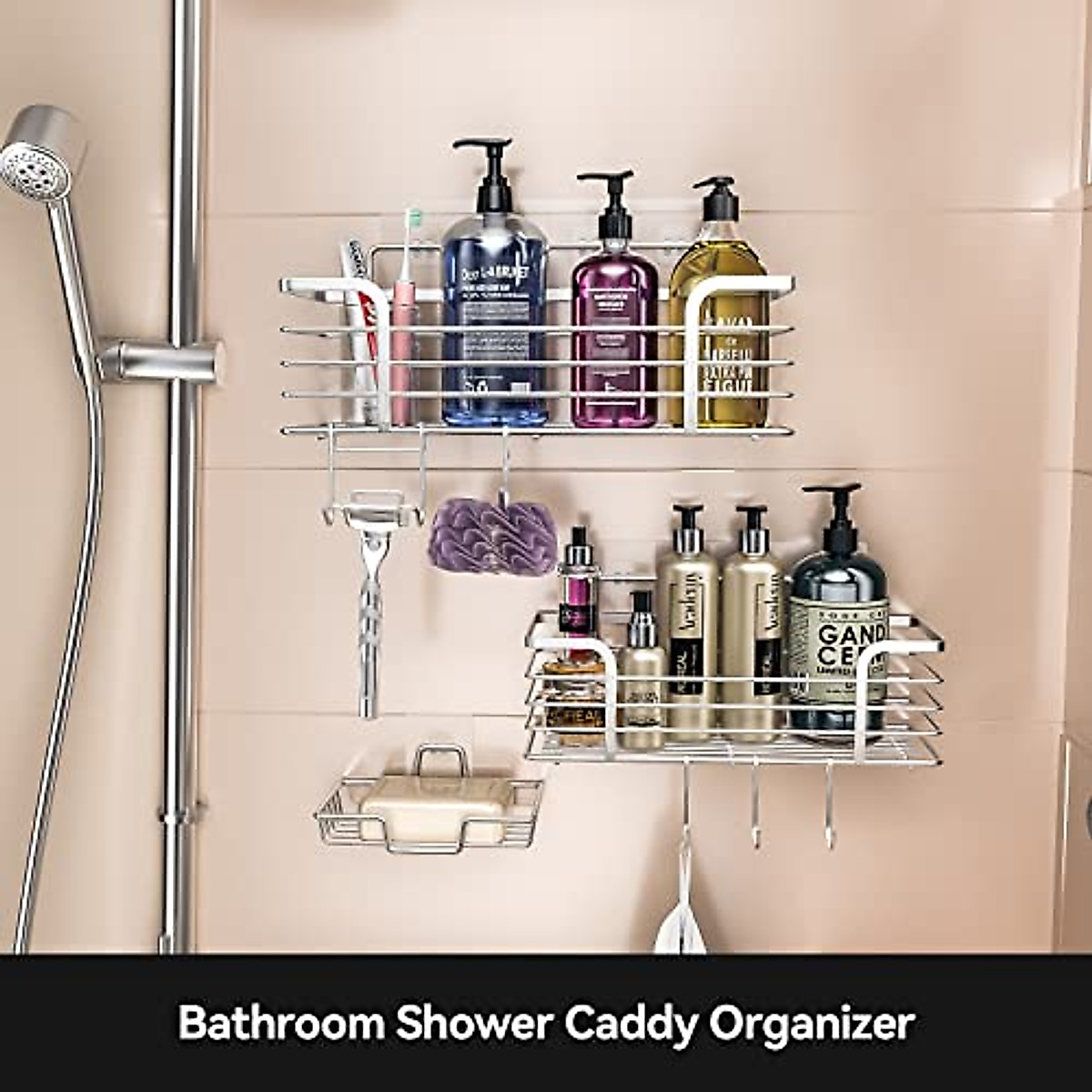 2 Pack Adhesive Shower Caddy Organizer Rack Shower Storage Shelf with Razor Holder and Extra Stickers for Inside Shower, No Drilling Organizer Rack Floating Shower Shelves for Bathroom Kitchen