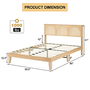 GAOMON Queen Bed Frame with Natural Rattan Headboard, Queen Size Platform Bed Frame with LED Lights and Rattan Headboard, Wooden Support Legs, No Box Spring Needed, Easy Assembly