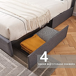 Alohappy Full Size Bed Frame with 4 Drawers, LED Bed Frame with 2 USB Ports and Adjustable Upholstered Headboard, Mattress Foundation with Wooden Slats Support, No Box Spring Needed, Dark Grey
