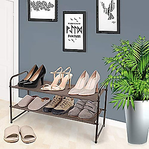 Simple Trending 2-Tier Stackable Shoe Rack, Fabric Shoe Shelf Storage Organizer, Bronze