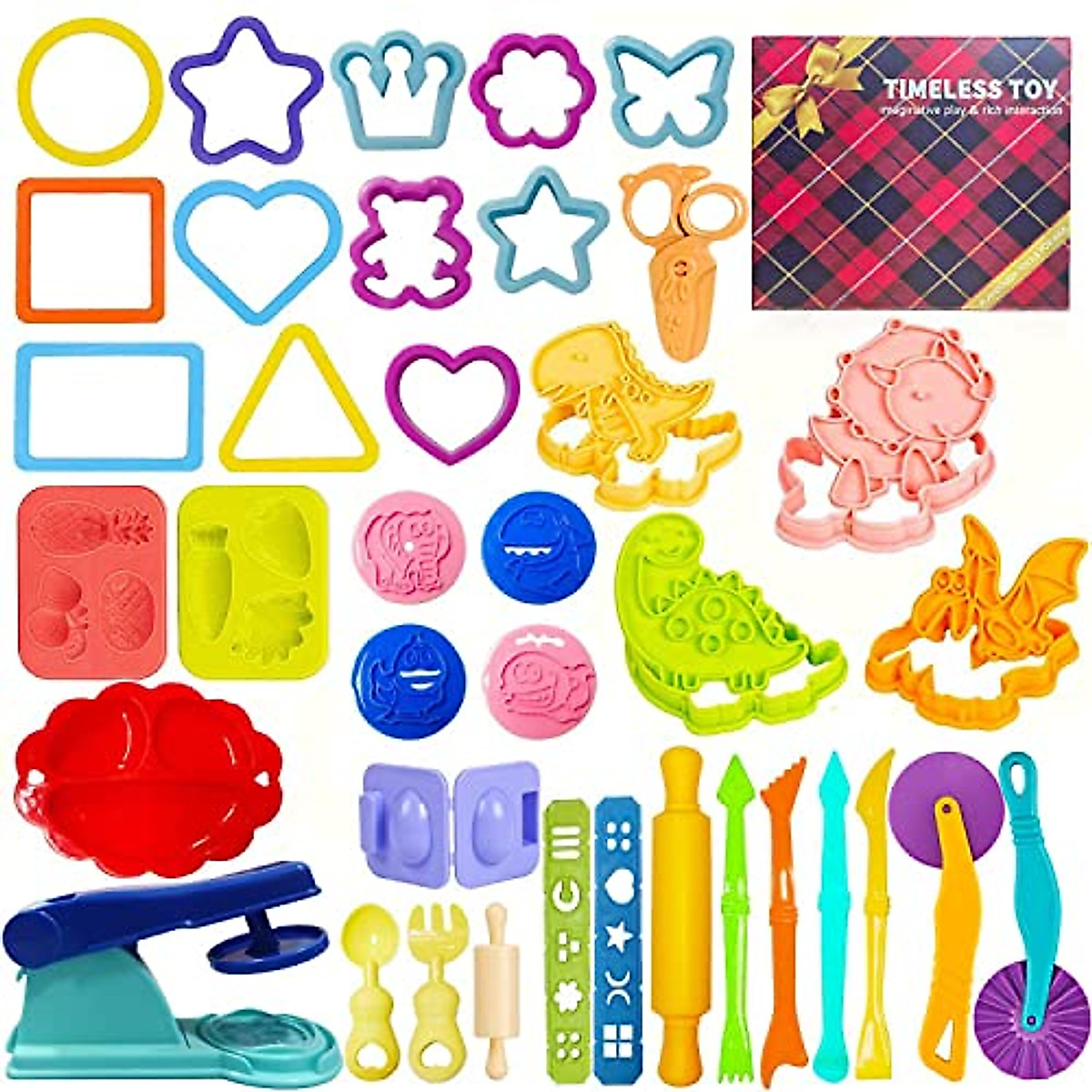 Jaeespon Dough Tools for Kids Play-41 Pieces Dough Play Set Accessories with Fruit Dinosaur Plastic Molds Roller Cutter Scissor, Preschool Arts Toys Kit Gift for Age 2-8 Girls Boys